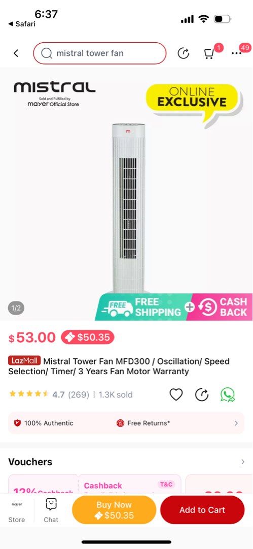 Stand Tower Fan, Mistral, 3 yrs local warranty, Furniture & Home Living ...