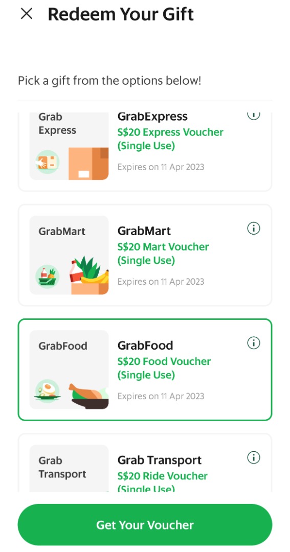 $20 Grab Voucher (can choose GrabFood, GrabMart, GrabTransport ...