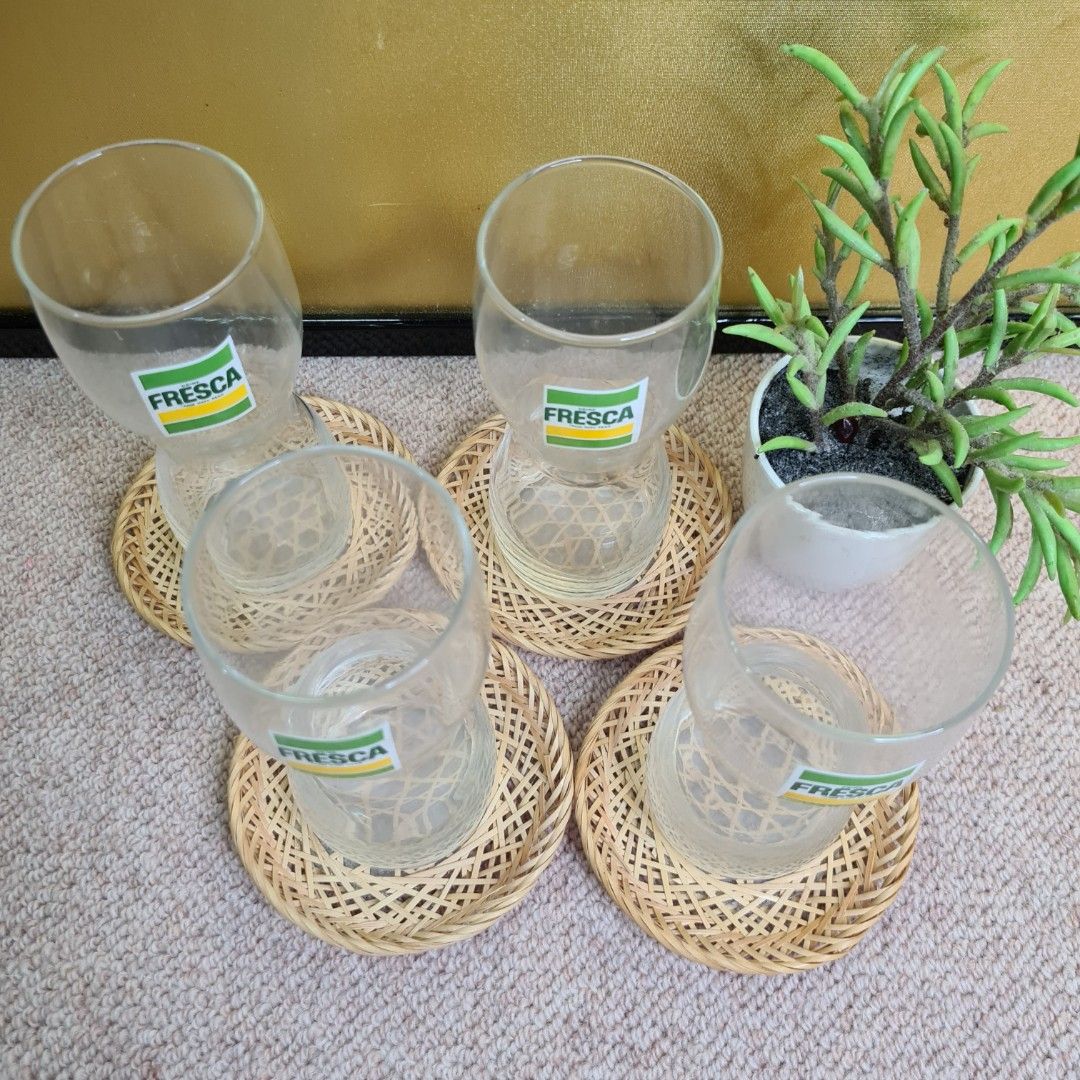 4 SETS FRESCA TALL CURVY DRINKING GLASS WITH NATIVE RATTAN COASTERS ...