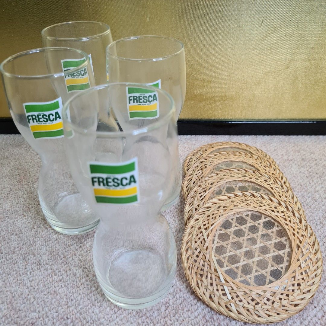 4 SETS FRESCA TALL CURVY DRINKING GLASS WITH NATIVE RATTAN COASTERS ...