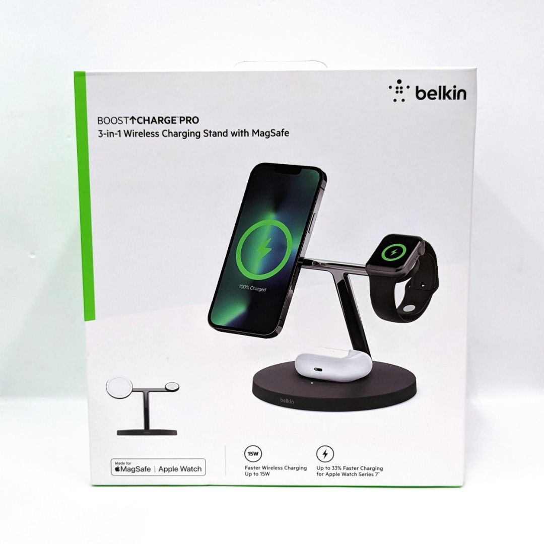BNIB Belkin BoostCharge Pro 3-In-1 Wireless Charging Stand with MagSafe ...