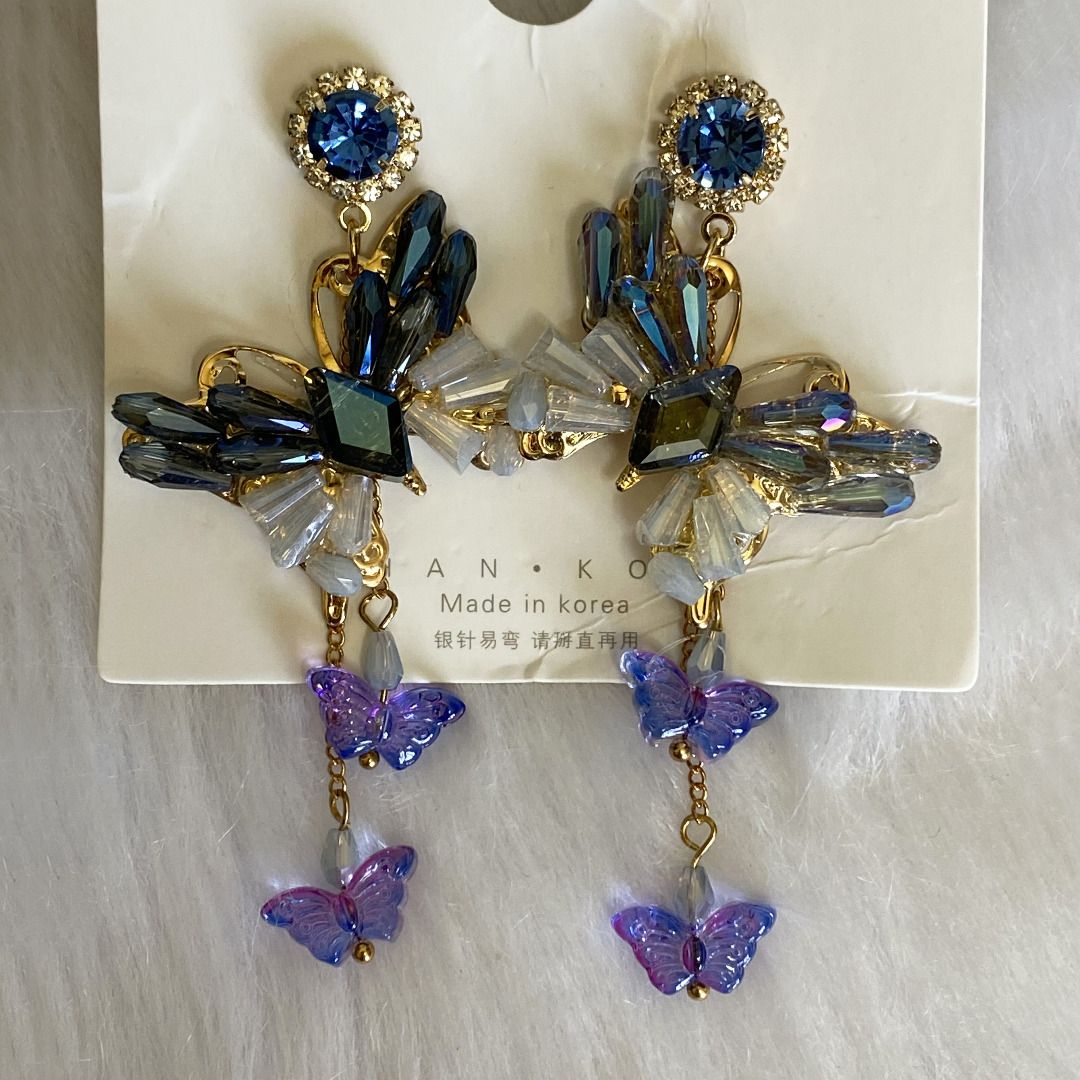 Han Kou S925 Post Blue Crystals Butterfly Statement Earrings, Women's ...