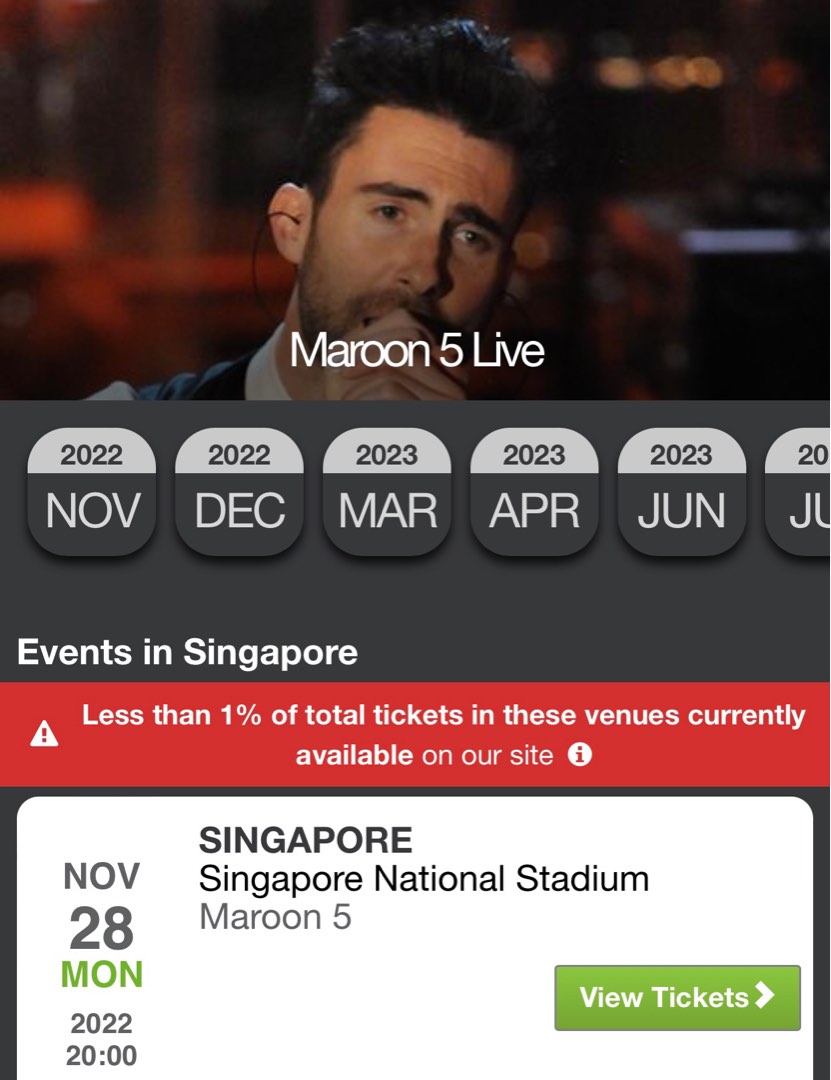 Maroon 5 Tickets, 28th Nov, Singapore Stadium (cat: standing pen D ...
