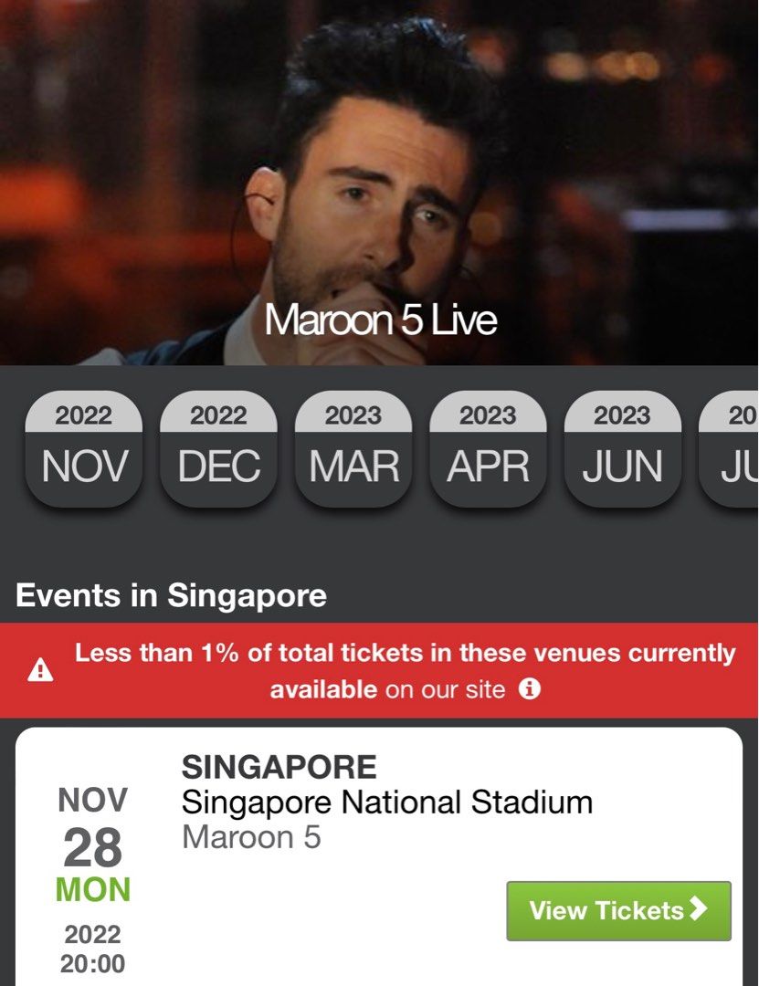Maroon 5 Tickets, 28th Nov, Singapore Stadium (cat: standing pen D), Tickets & Vouchers, Event ...