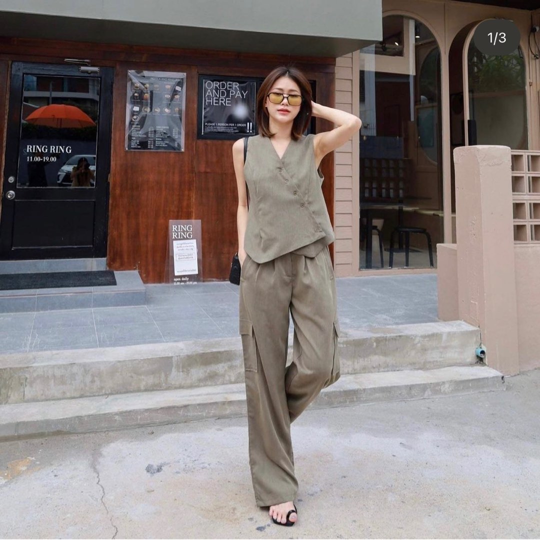 Olive Green Khaki Cargo and Vest Coords, Women's Fashion, Dresses ...