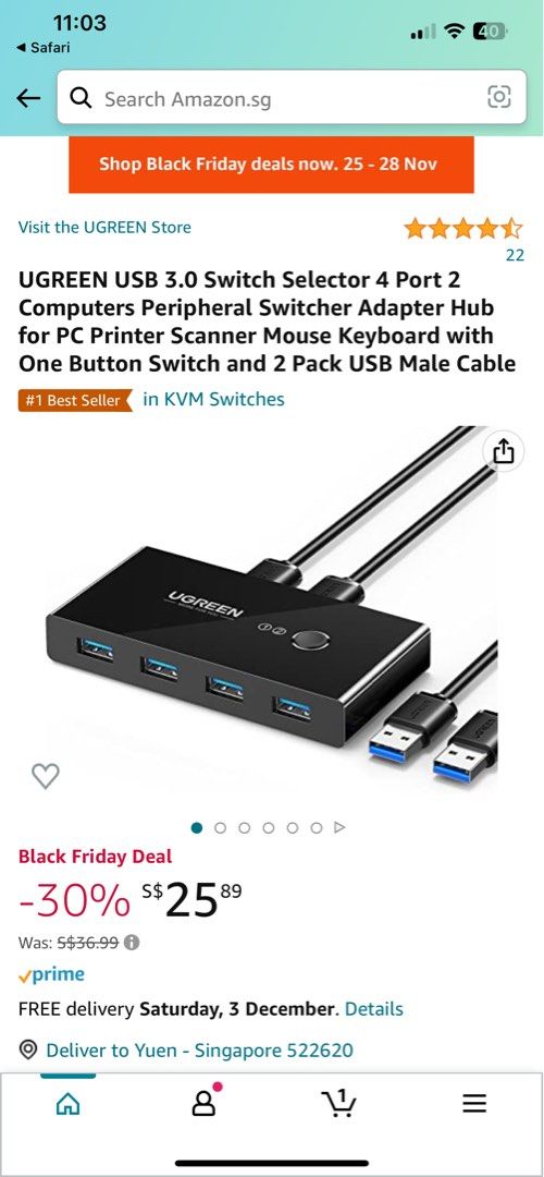 UGREEN USB 3.0 Switch Selector 4 Port 2 Computers Peripheral Switcher Adapter Hub, Computers ...