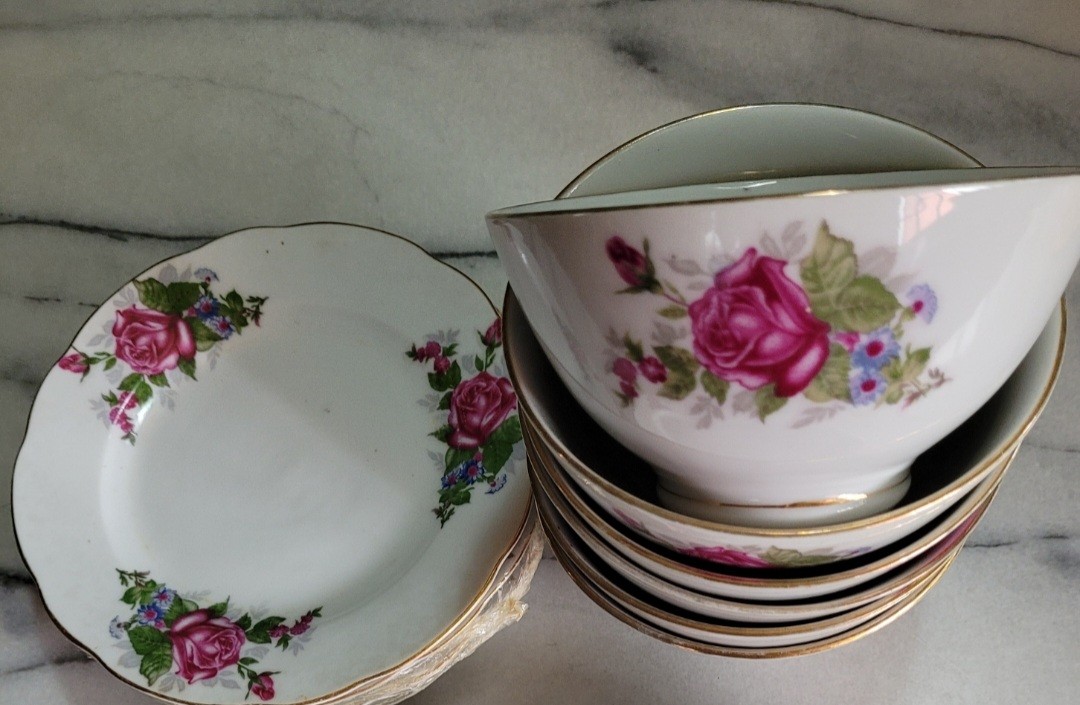 Vintage Cabbage Rose Porcelain Plate and Bowls, Furniture & Home Living ...