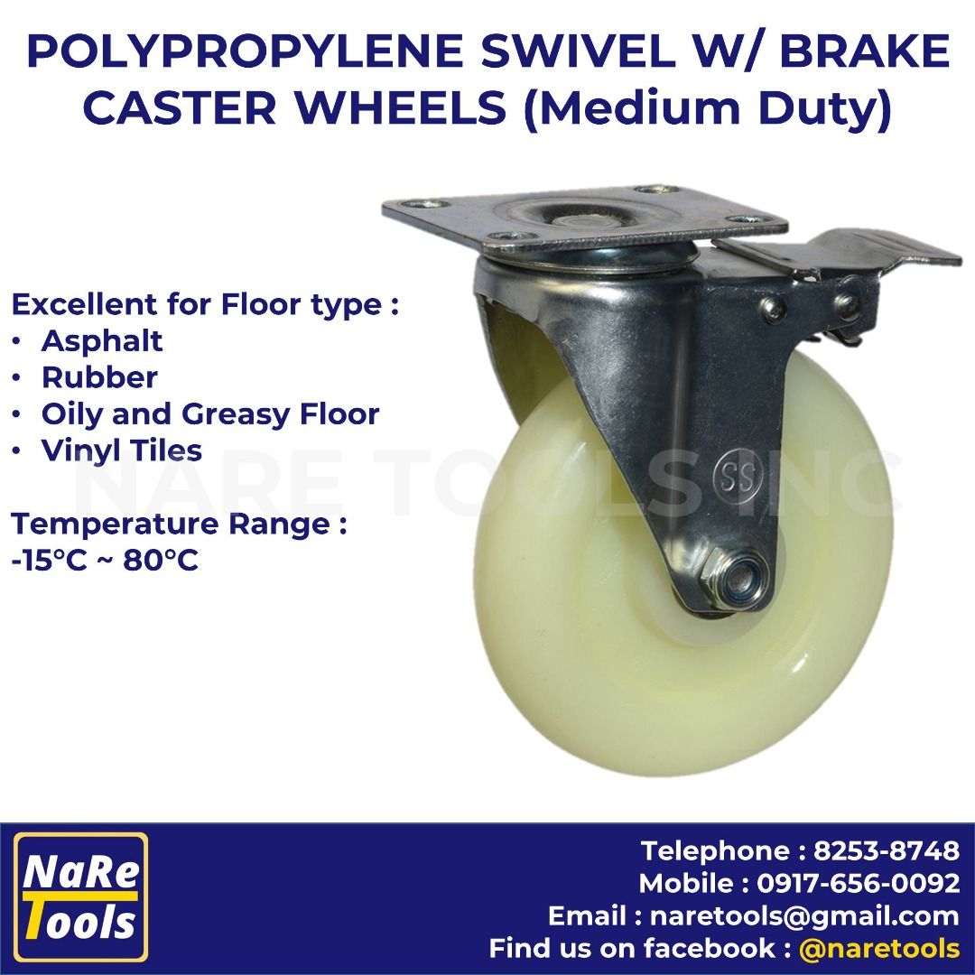 CASTER WHEELS - MD Polypropylene Swivel w/ Brake Caster Wheels ...