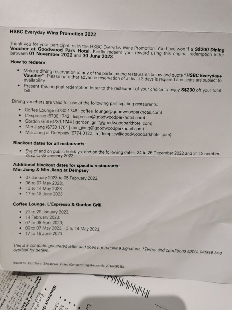 HSBC $320 Dining Vouchers, Tickets & Vouchers, Vouchers on Carousell