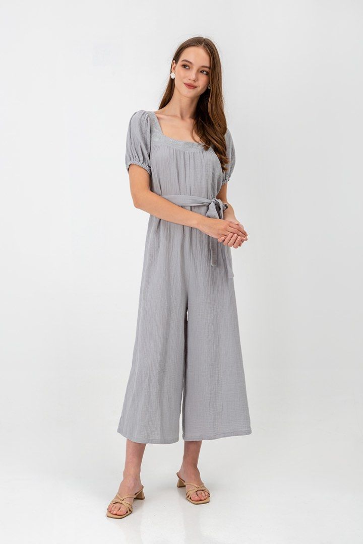 LAB Viktoria Embroidered Puff Sleeve Jumpsuit w Sash, Women's Fashion ...