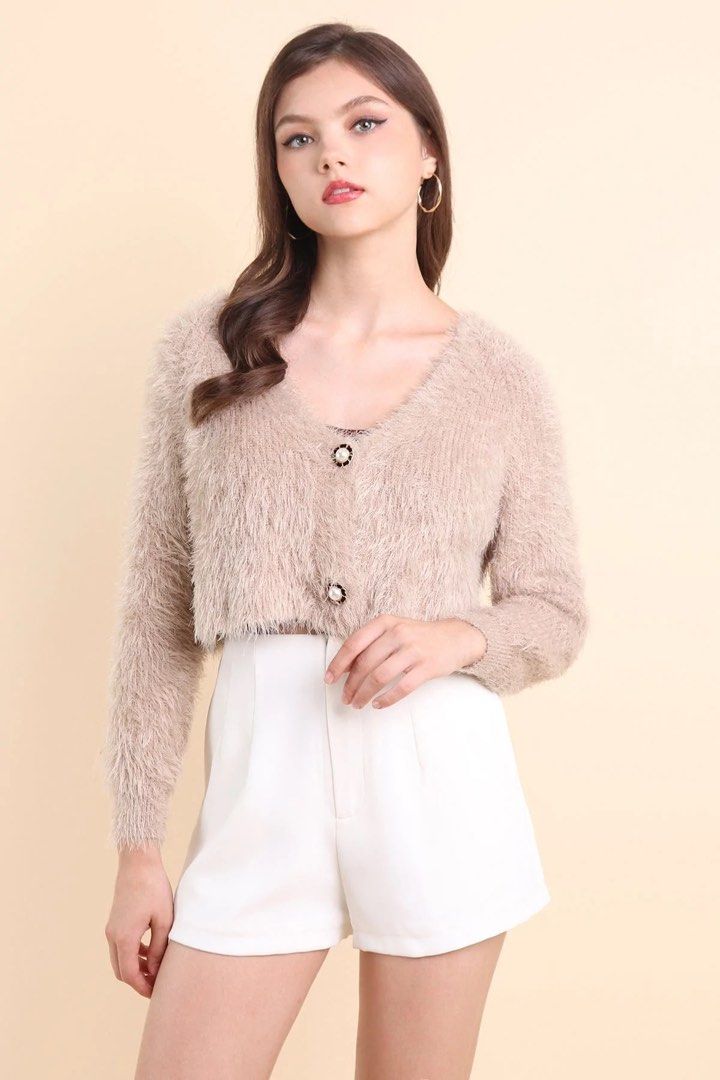 NEON MELLO MIRABELLE FURRY CROP CARDIGAN IN CASHMERE SAND, Women's ...