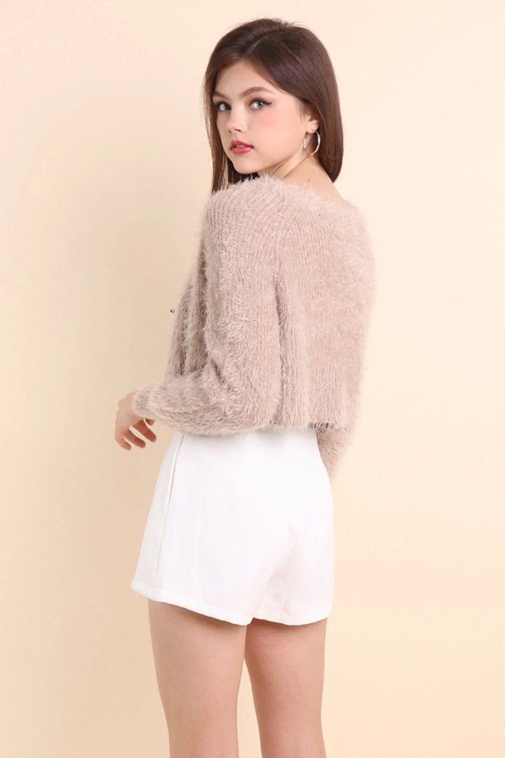 NEON MELLO MIRABELLE FURRY CROP CARDIGAN IN CASHMERE SAND, Women's ...