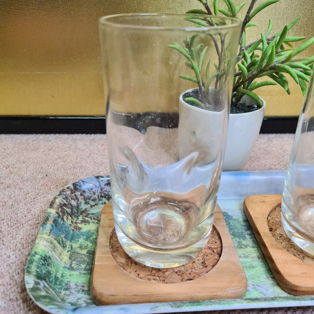 SET OF 5 COUPLES TALL CURVY DRINKING GLASS WITH NATIVE RATTAN COASTERS ...