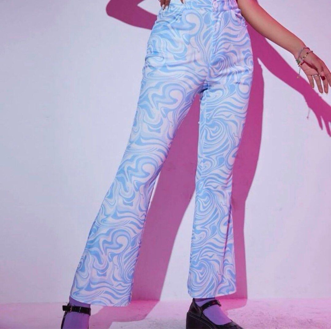 Shein Blue and White Marble Flare Pants, Women's Fashion, Bottoms ...