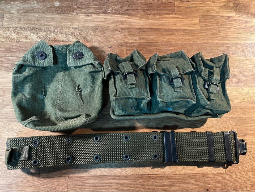 Vintage Army Battle belt , with canteen pouch and triple 10 rd Magazine ...