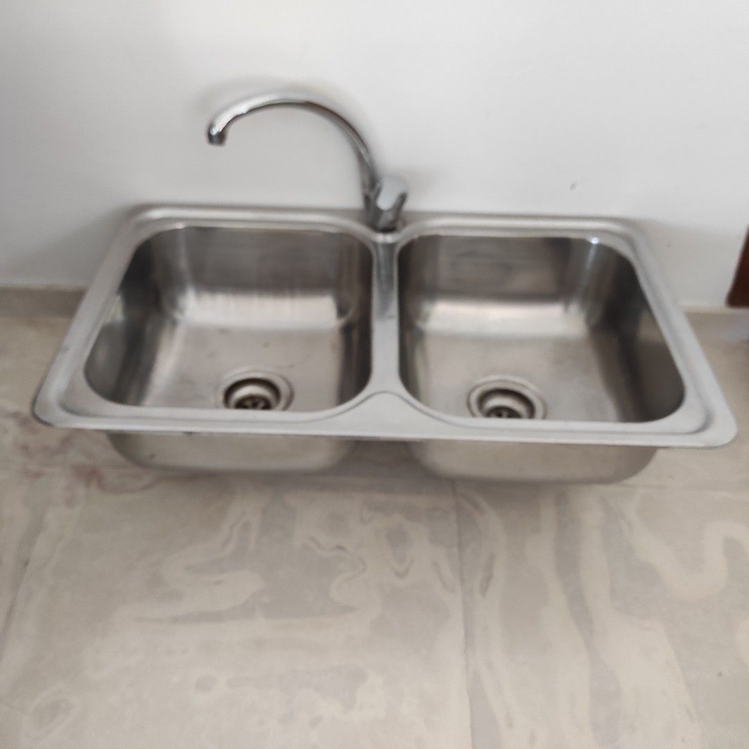 Double bowl stainless steel sink with tap, Furniture & Home Living ...