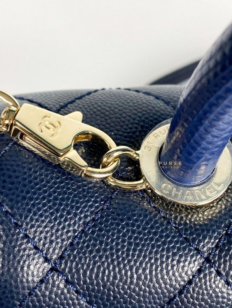 Kept Unused Chanel Coco Lizard Handle Navy Blue Caviar Leather Small ...