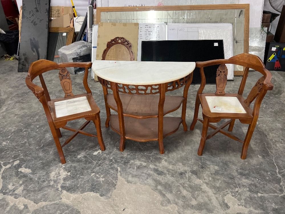 Marble & Wood Half-Circle Side Table set with 2 Chairs / Set Meja Sisi ...