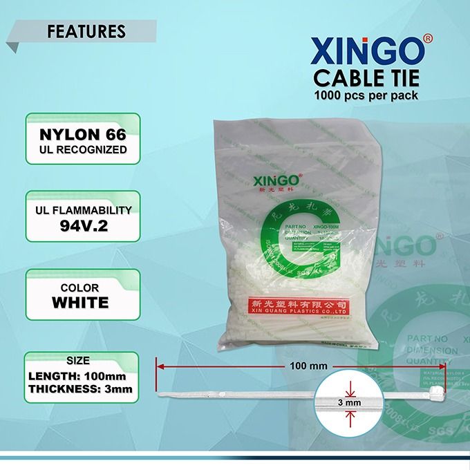 XINGO CABLE TIE NYLON 3x100mm WHITE (1000-PCS/1-PACK), SELF-LOCKING ...