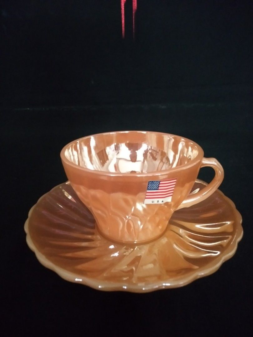 5 Sets:" Suburbia" by Anchor Hocking Peach Lusterware Cups and Saucers ...