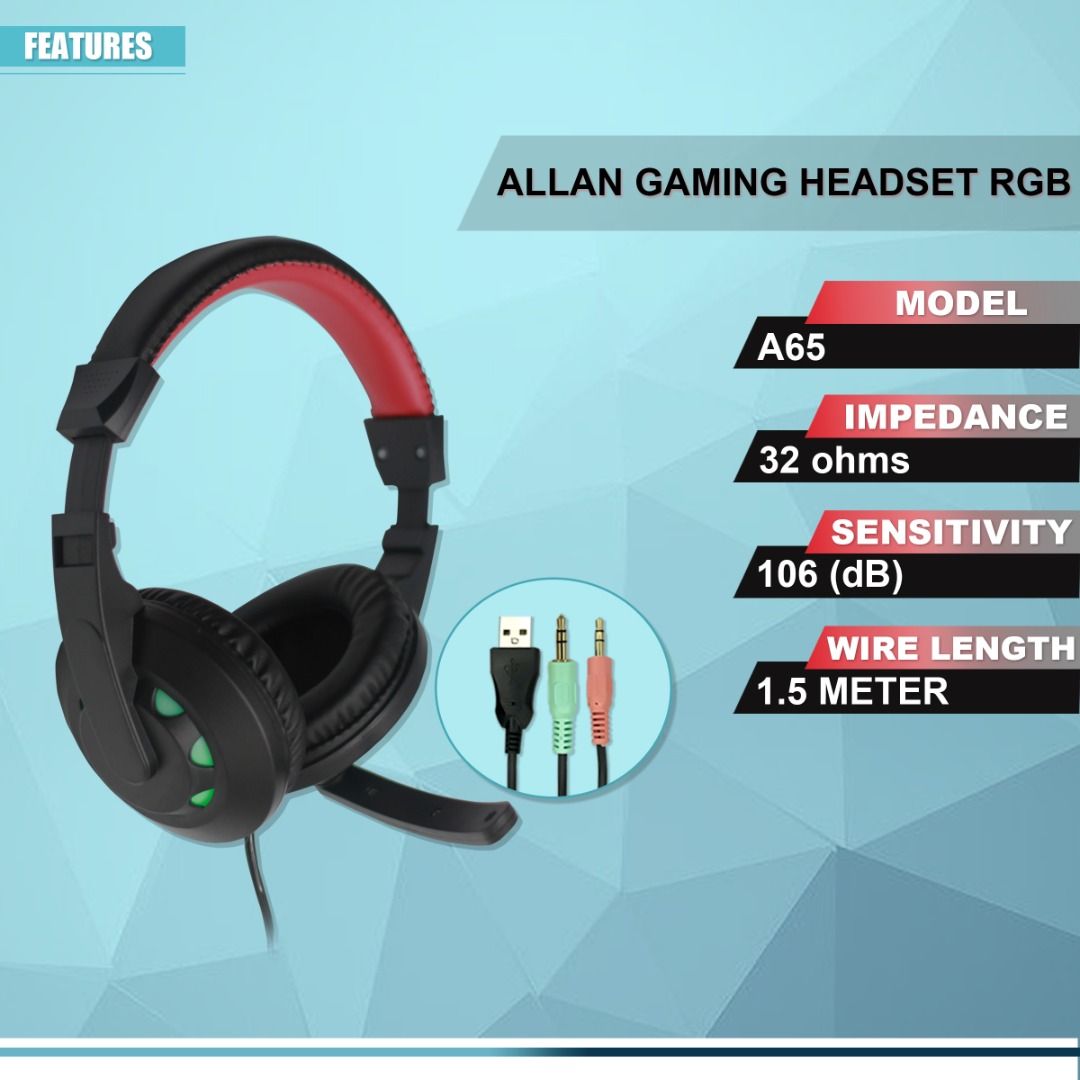 ALLAN GAMING HEADSET RGB, A-65 with MICROPHONE and SOFT EAR MUFF, 1.5 ...