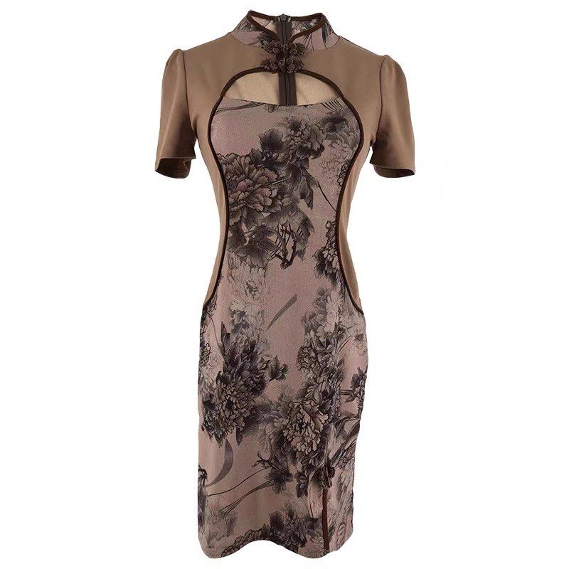 CHEONGSAM (Brown Floral) SS1, Women's Fashion, Dresses & Sets, Dresses on Carousell