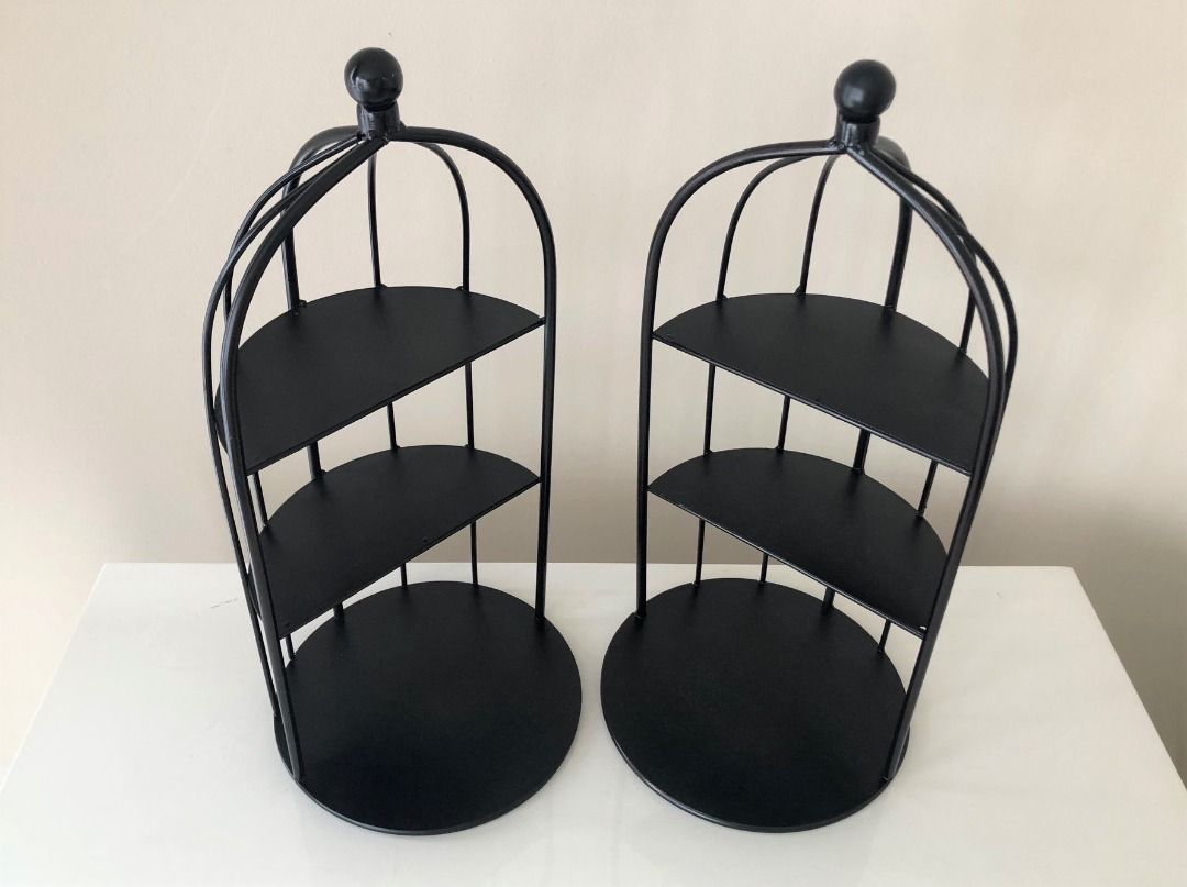 Stylish! PAIR OF METALLIC BLACK 3-TIER CAGE-SYTLE DISPLAY SHELF OR ...