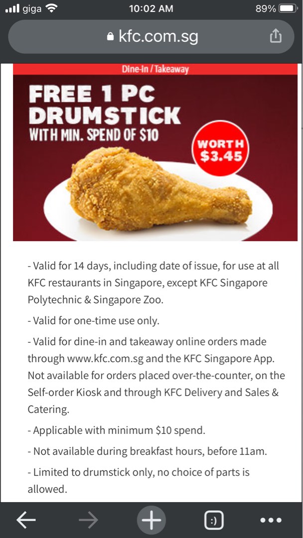 Free 1 pc KFC chicken, Tickets & Vouchers, Vouchers on Carousell