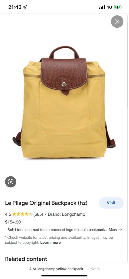 LONGCHAMP Pliage Backpack Purse Arctic Blue and yellow Zip Zipper Back ...