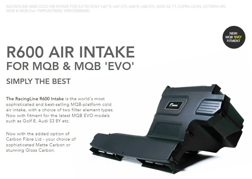 Racingline Intake system - MQB R600 Airbox: EA888.3 Foam, Cotton, MAF ...