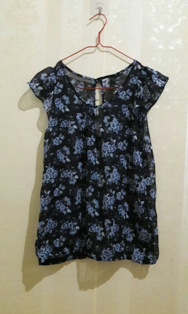 Sheer Dark Blue Flower Top (coquette!!!), Fesyen Wanita, Pakaian Wanita ...