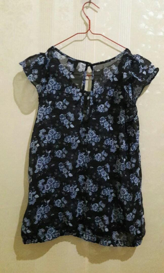 Sheer Dark Blue Flower Top (coquette!!!), Fesyen Wanita, Pakaian Wanita ...