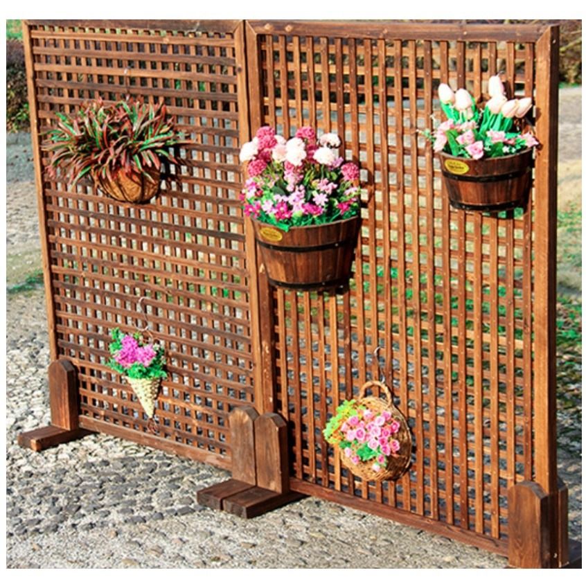 SQUARE GRID PLANT RACK ⭐ Porch Wood Fence Wooden Grid Shelf Carbonized ...