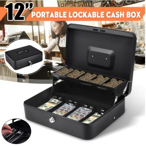 Black Metal Petty Cash Case Safe Money Box Drawer POS Cashier Box ...
