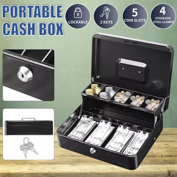 Black Metal Petty Cash Case Safe Money Box Drawer POS Cashier Box ...