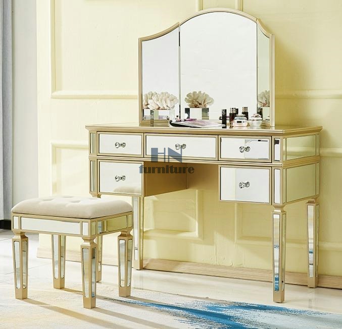 hn-0131 Mirrored Vanity Set, 5 Drawer Dresser Table, Mirror & Stool ...
