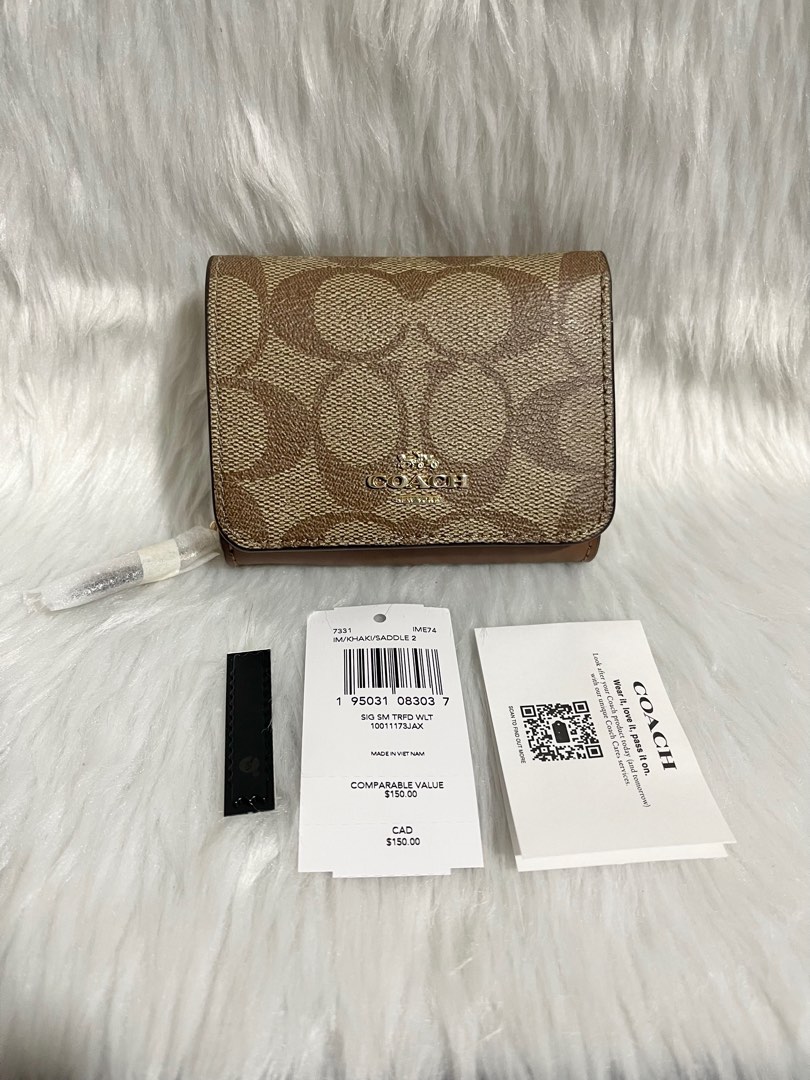 Original Coach Small Trifold Wallet in Signature Khaki Saddle, Women's ...