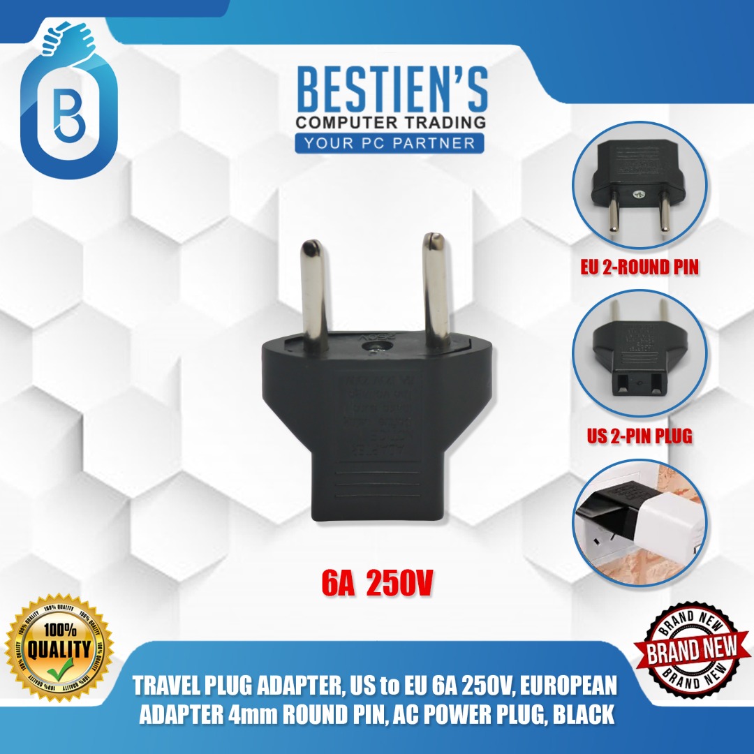 TRAVEL PLUG ADAPTER, US to EU 6A 250V, EUROPEAN ADAPTER 4mm ROUND PIN ...