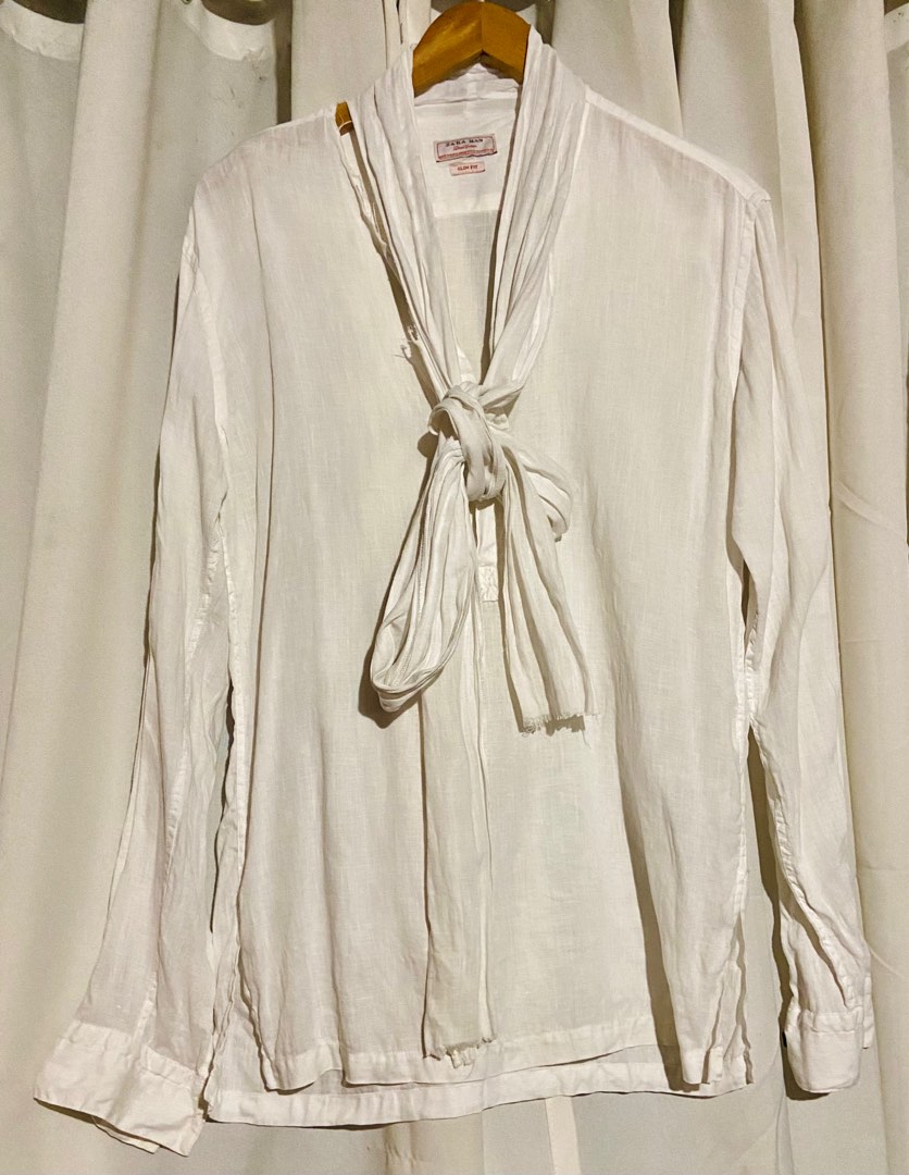 ZARA MAN Slim Fit White Linen with Collar Ribbon Tie, Men's Fashion ...