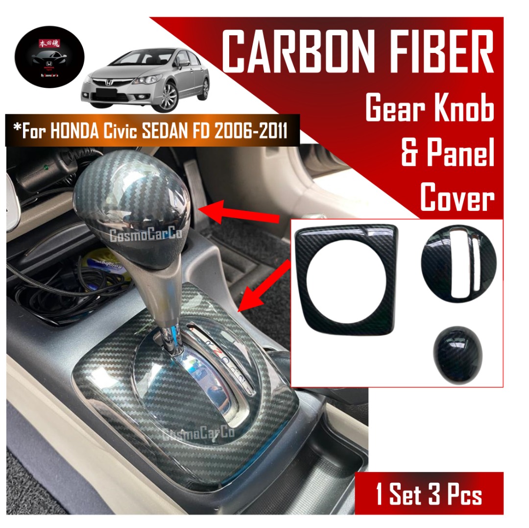 HONDA Civic FD Car Gear Knob Panel Cover CARBON FIBER Print Right Hand Drive RHD Stick Shift Transmission Shifter Center Console Decorative PVC Trim 3 Pcs Automotive Accessory Automobile Accessories 8...