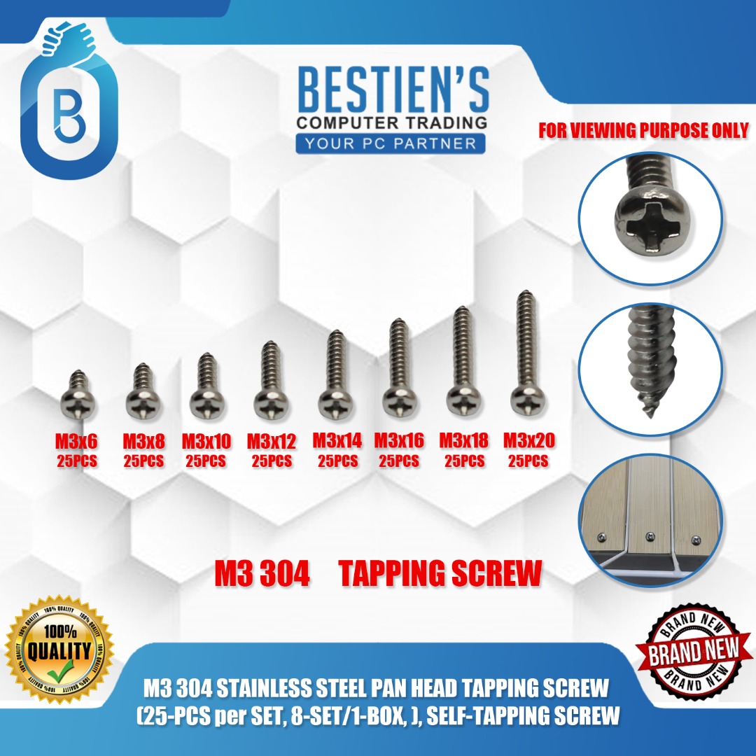 M3 304 STAINLESS STEEL PAN HEAD TAPPING SCREW (25-PCS per SET, 8-SET/1-BOX, ), SELF-TAPPING ...