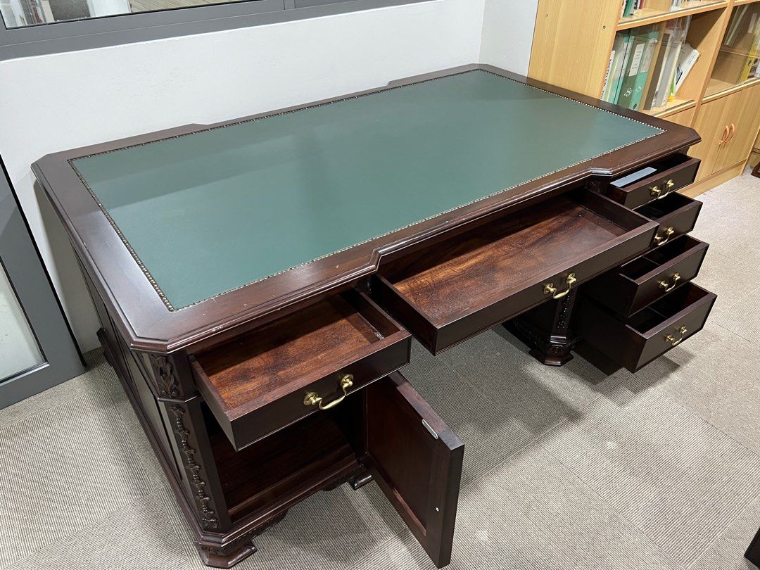 Multi Compartment Solid Wood Table with Leather Top, Furniture & Home ...