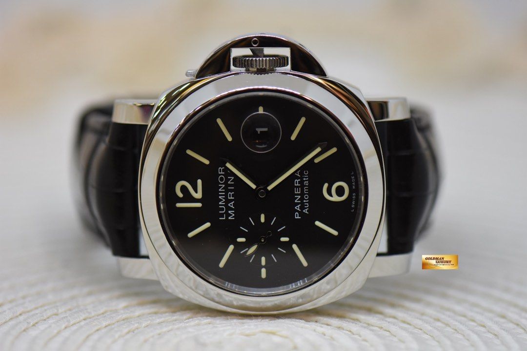 PANERAI LUMINOR MARINA 44mm STEEL IN LEATHER BLACK DIAL AUTOMATIC PAM ...
