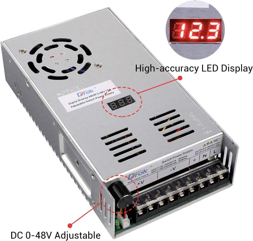 DROK 48V Power Supply, AC 110V/220V to DC 0-48V 10A 480W Buck Converter ...