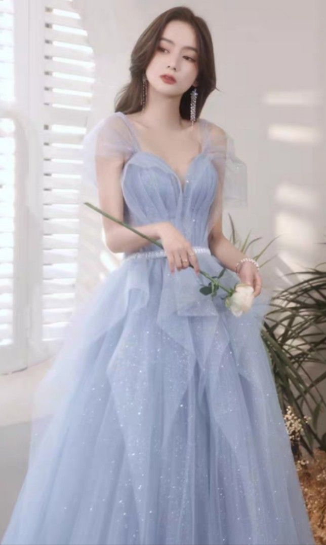 INSTOCK light blue glitter off shoulder long dress prom evening gown, Women's Fashion, Dresses ...