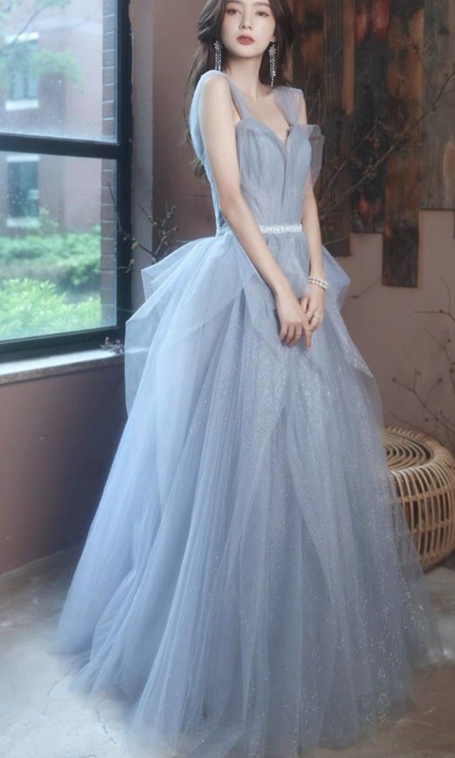INSTOCK light blue glitter off shoulder long dress prom evening gown, Women's Fashion, Dresses ...