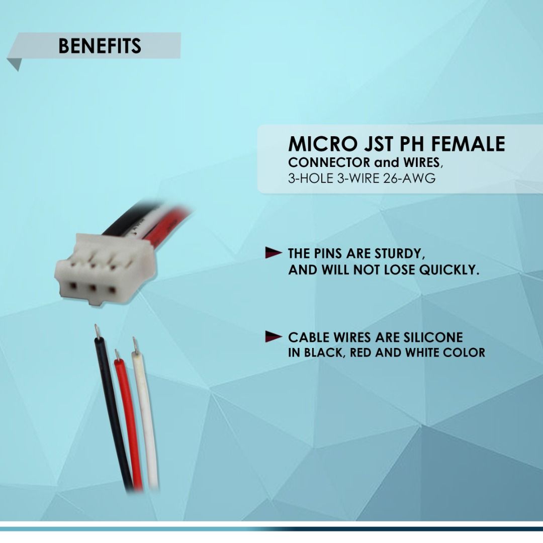 MICRO JST PH FEMALE CONNECTOR and WIRES, 3-HOLE 3-WIRE 26-AWG, BEST FOR ...