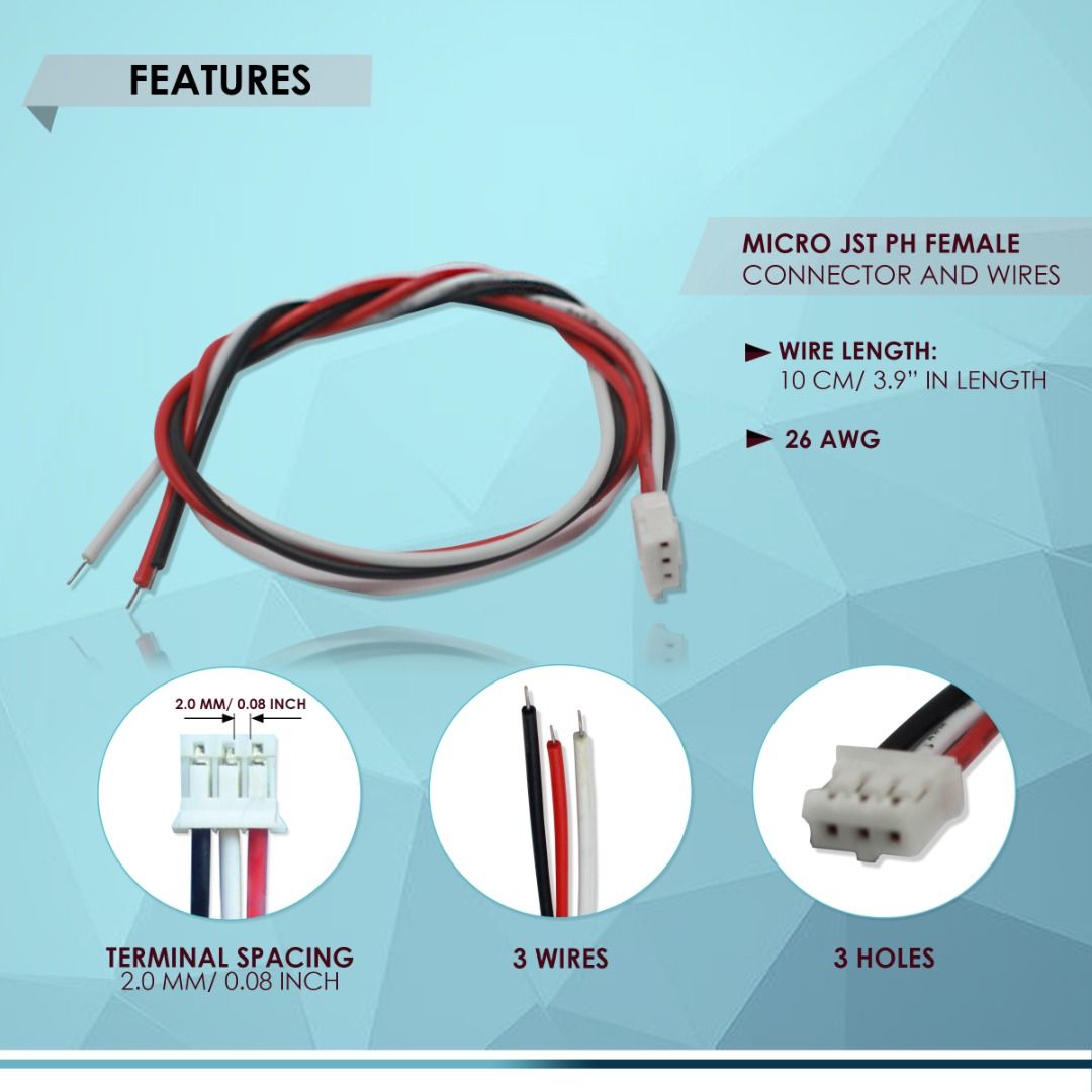 MICRO JST PH FEMALE CONNECTOR and WIRES, 3-HOLE 3-WIRE 26-AWG, BEST FOR ...