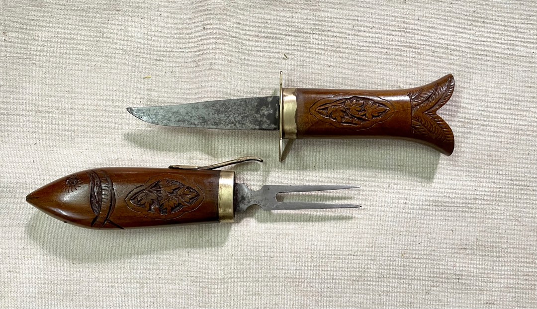 Vintage Carving Set, Knife and Fork with Scabbard, Carved Wood Fish ...
