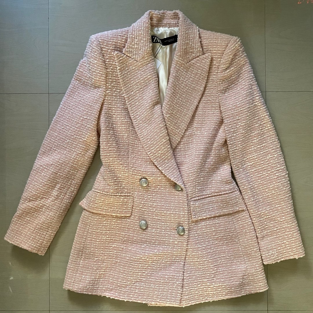 Zara Pink Textured Double-Breasted Blazer, Women's Fashion, Coats ...
